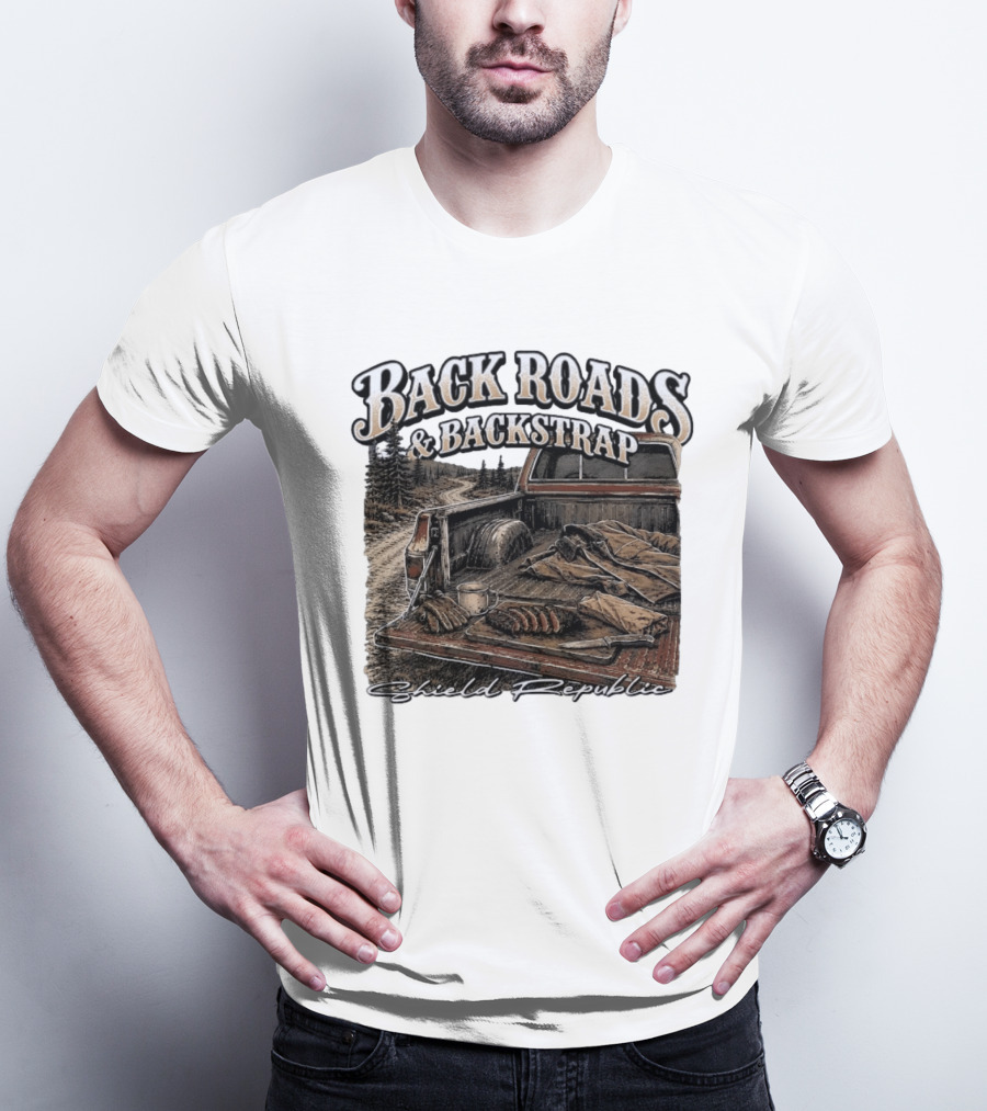 Back Roads & Backstrap Shield Republic Hunting Truck Scene T-Shirt