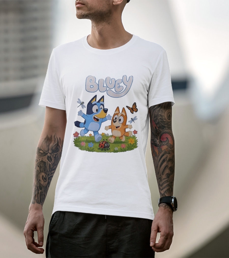 Bluey And Friends Playing With Bugs And Butterflies In The Meadow T-Shirt