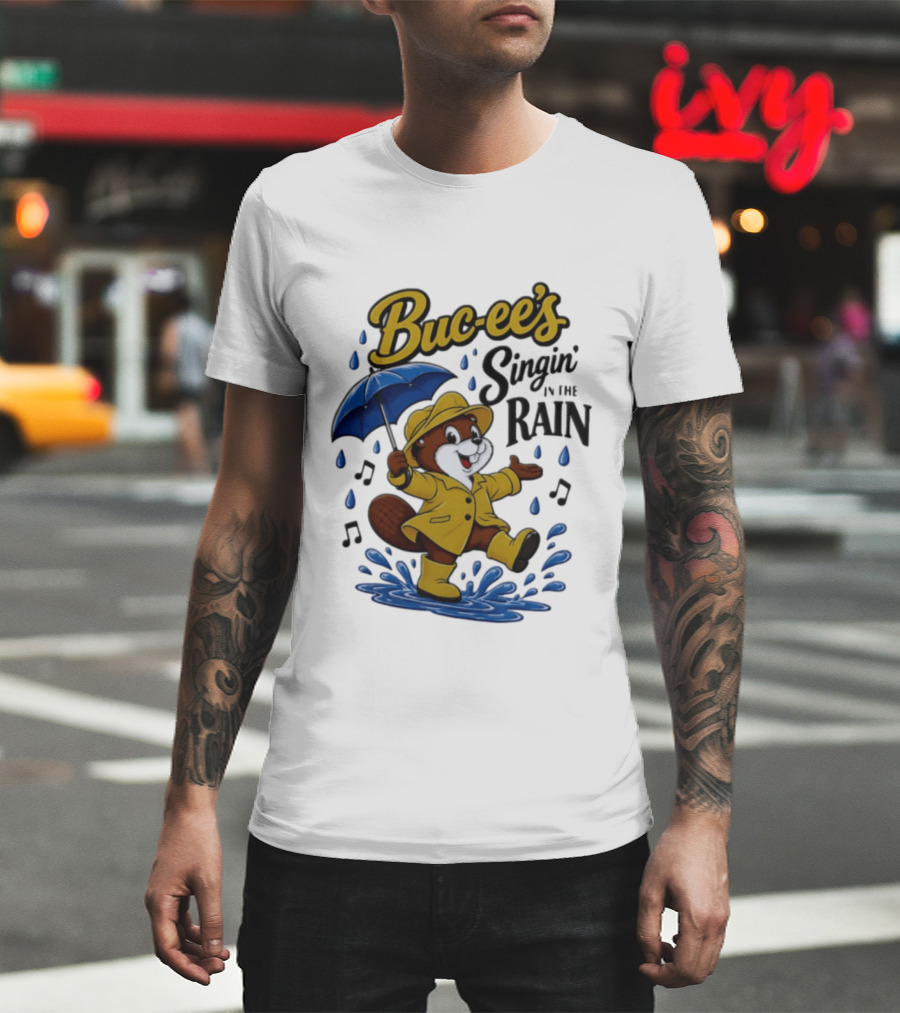 Buc Ee's Singin In The Rain Umbrella Beaver Cheerful Splash T-Shirt