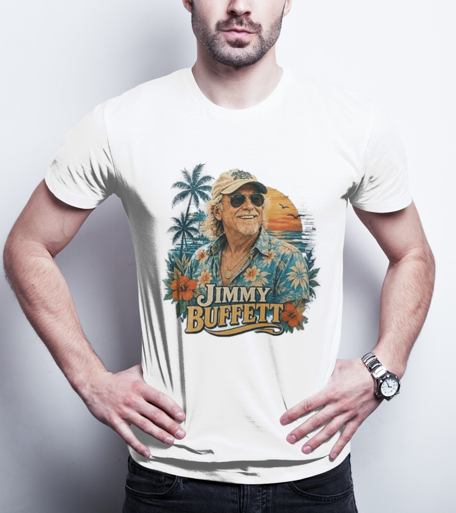 Jimmy Buffett Tropical Vibes Sunset And Palm Trees Floral T-Shirt