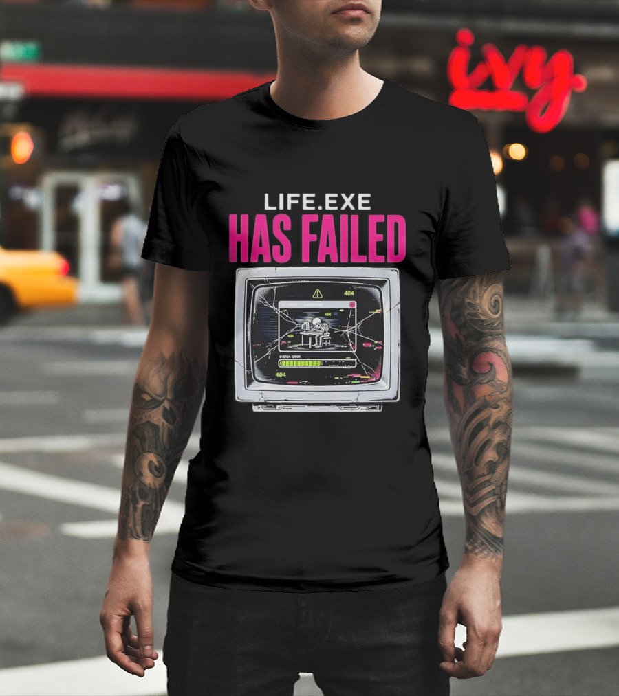 Lifeexe Has Failed System Error 404 Skeleton Computer Retro Monitor T-Shirt