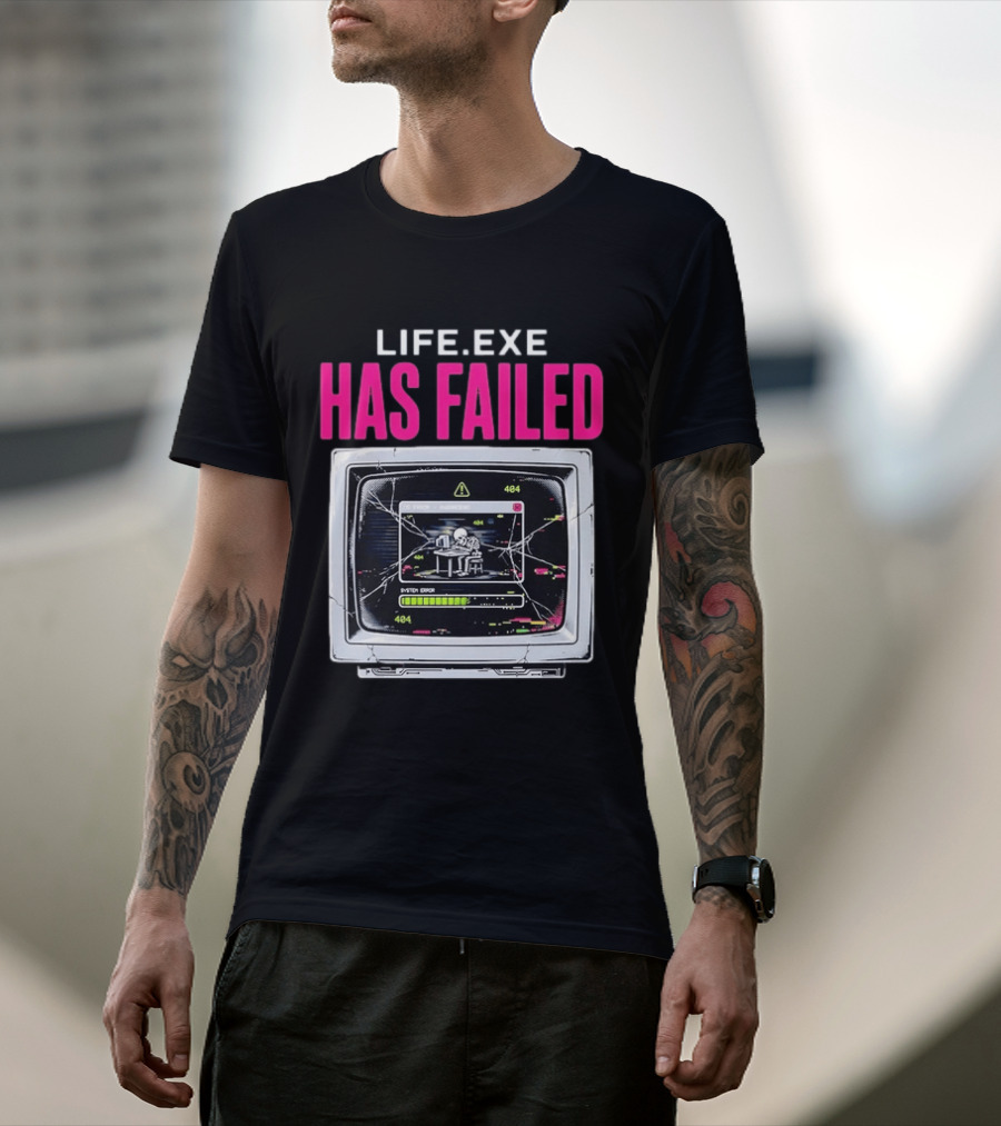 Lifeexe Has Failed System Error 404 Skeleton Computer Retro Monitor T-Shirt