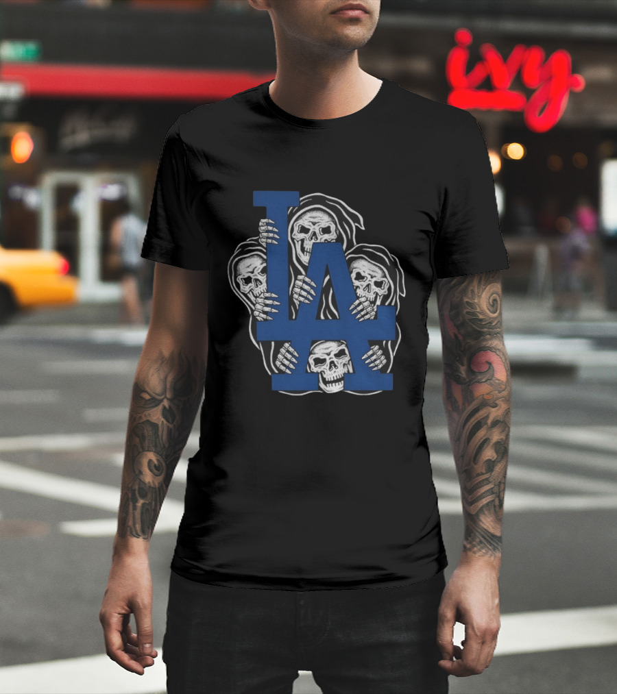 Skeletons Behind LA Dodgers Blue T-Shirt