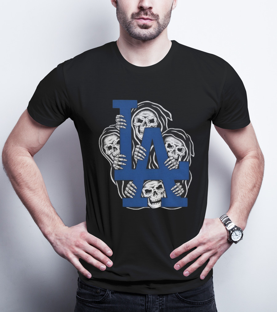 Skeletons Behind LA Dodgers Blue T-Shirt