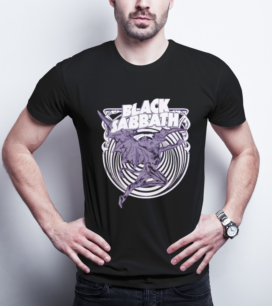 Black Sabbath Flying Devil With Striped Background Iconic Heavy Metal T-Shirt