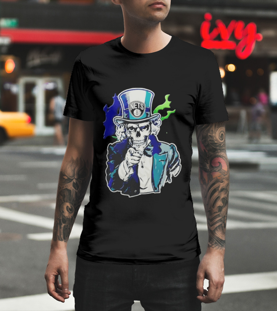 Brooklyn Nets Skeleton Uncle Sam Top Hat Pointing Stripes T-Shirt