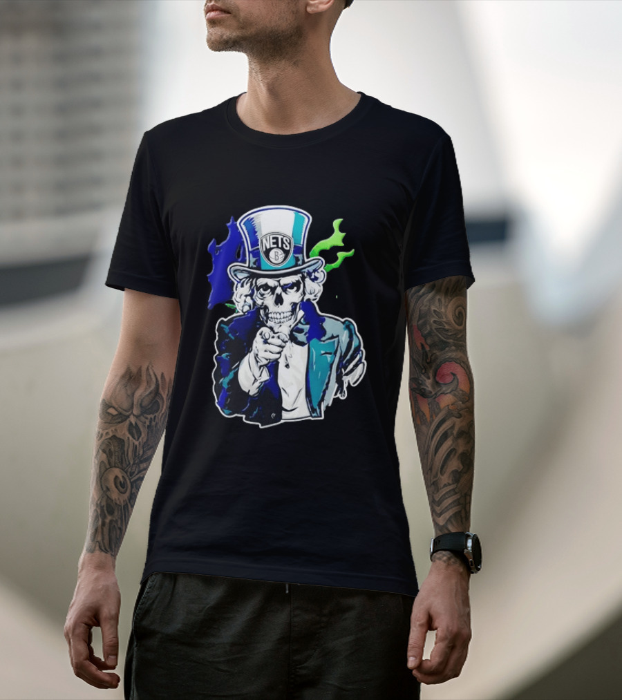 Brooklyn Nets Skeleton Uncle Sam Top Hat Pointing Stripes T-Shirt