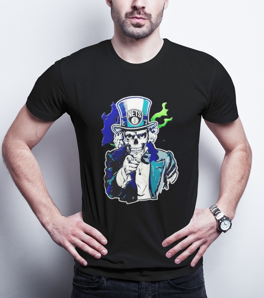 Brooklyn Nets Skeleton Uncle Sam Top Hat Pointing Stripes T-Shirt