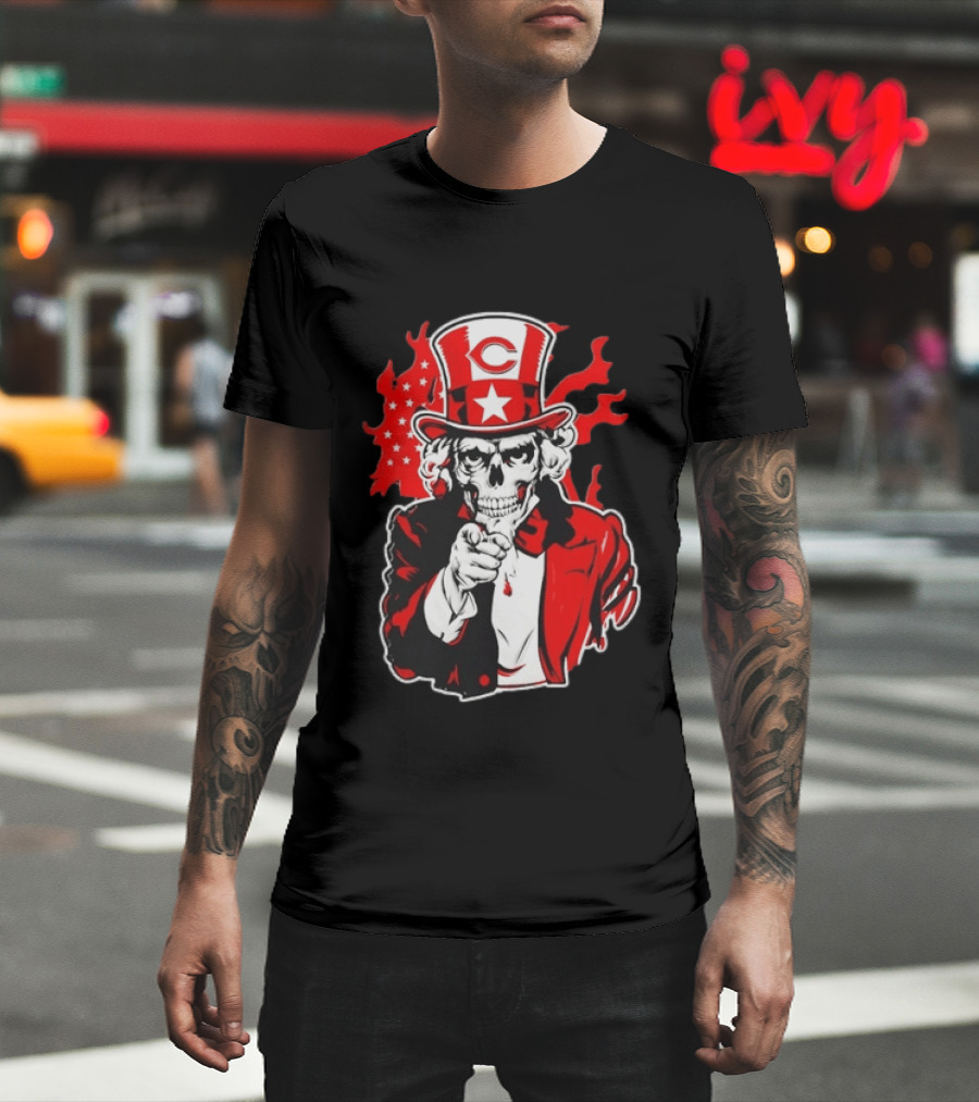 Cincinnati Reds Skeleton Uncle Sam Pointing US Flag Flames T-Shirt