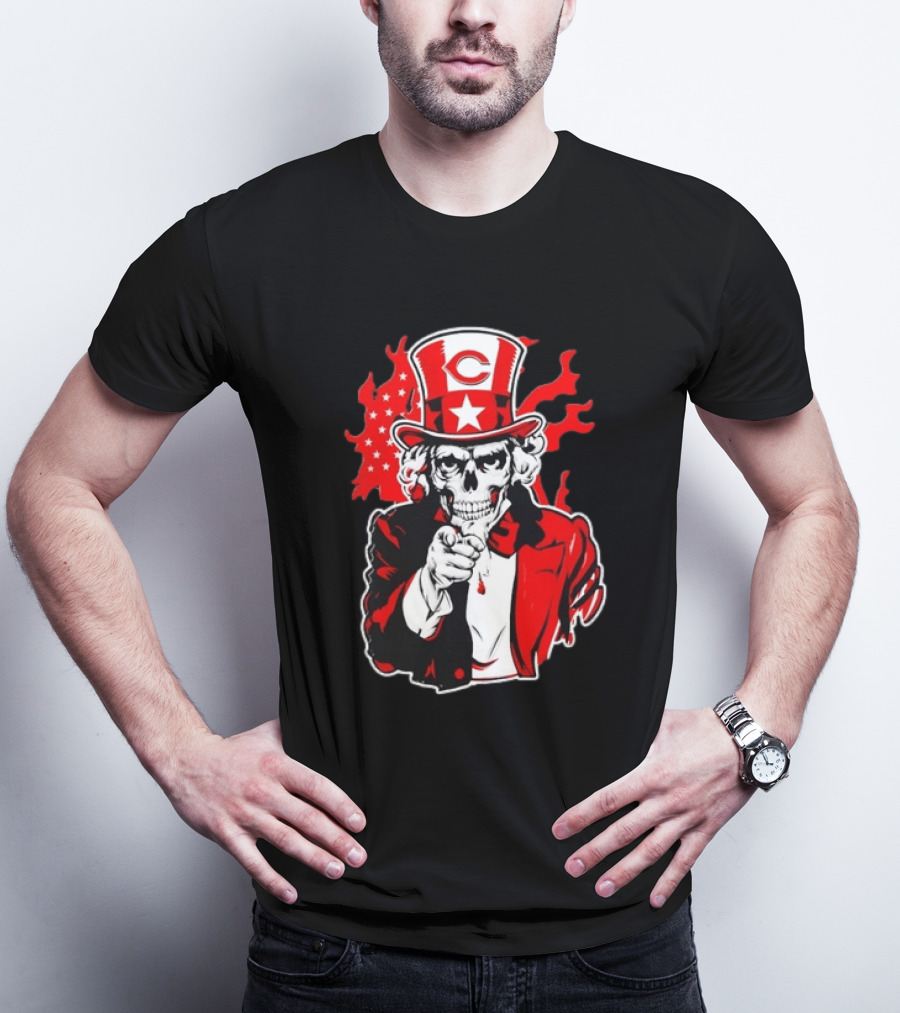 Cincinnati Reds Skeleton Uncle Sam Pointing US Flag Flames T-Shirt