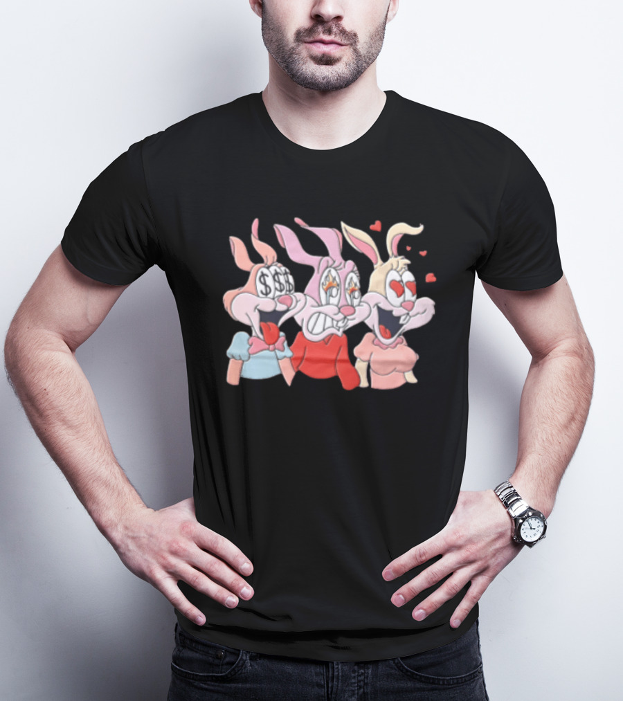 Three Cartoon Female Rabbits Dollar Signs Fire Heart Eyes Expressions T-Shirt