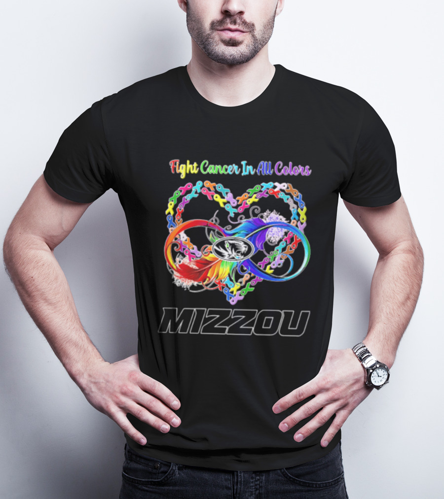 Mizzou Fight Cancer In All Colors Heart Infinity Ribbon Rainbow Feather T-Shirt