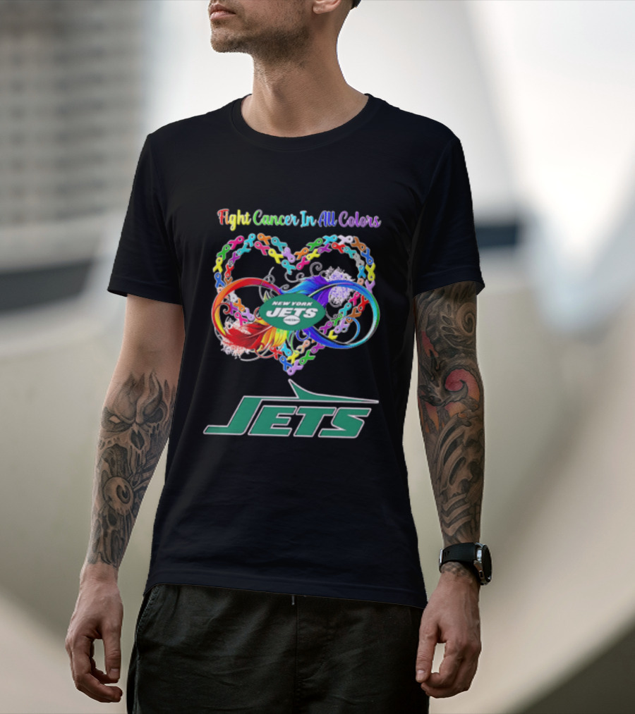 New York Jets Fight Cancer Rainbow Ribbons Infinity Heart Feather T-Shirt