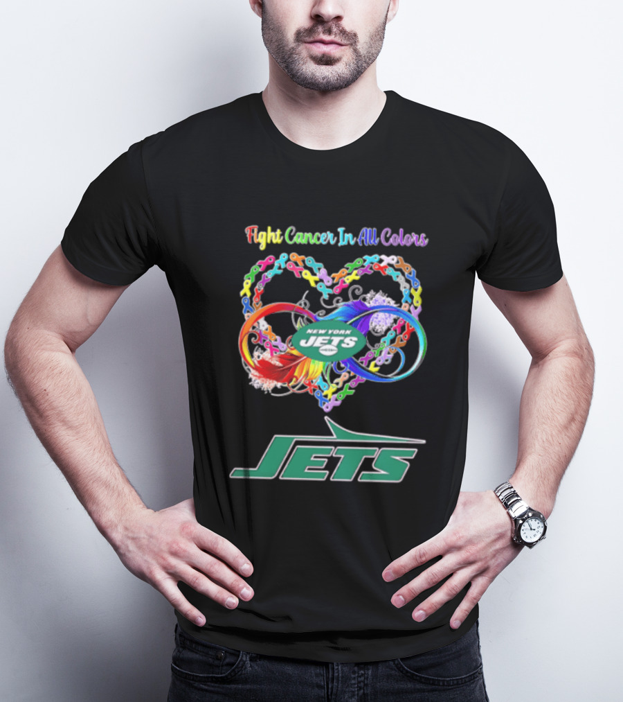 New York Jets Fight Cancer Rainbow Ribbons Infinity Heart Feather T-Shirt