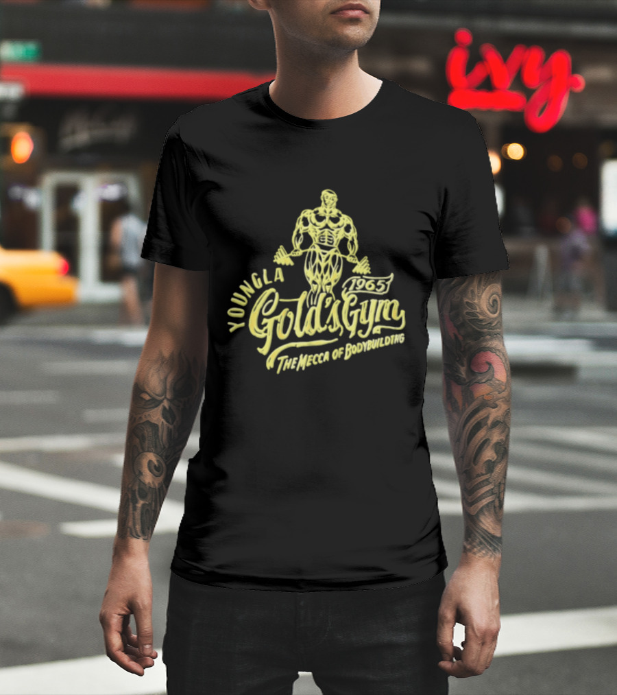 Youngla Golds Gym 1965 The Mecca Of Bodybuilding Muscular Man Holding Barbell T-Shirt