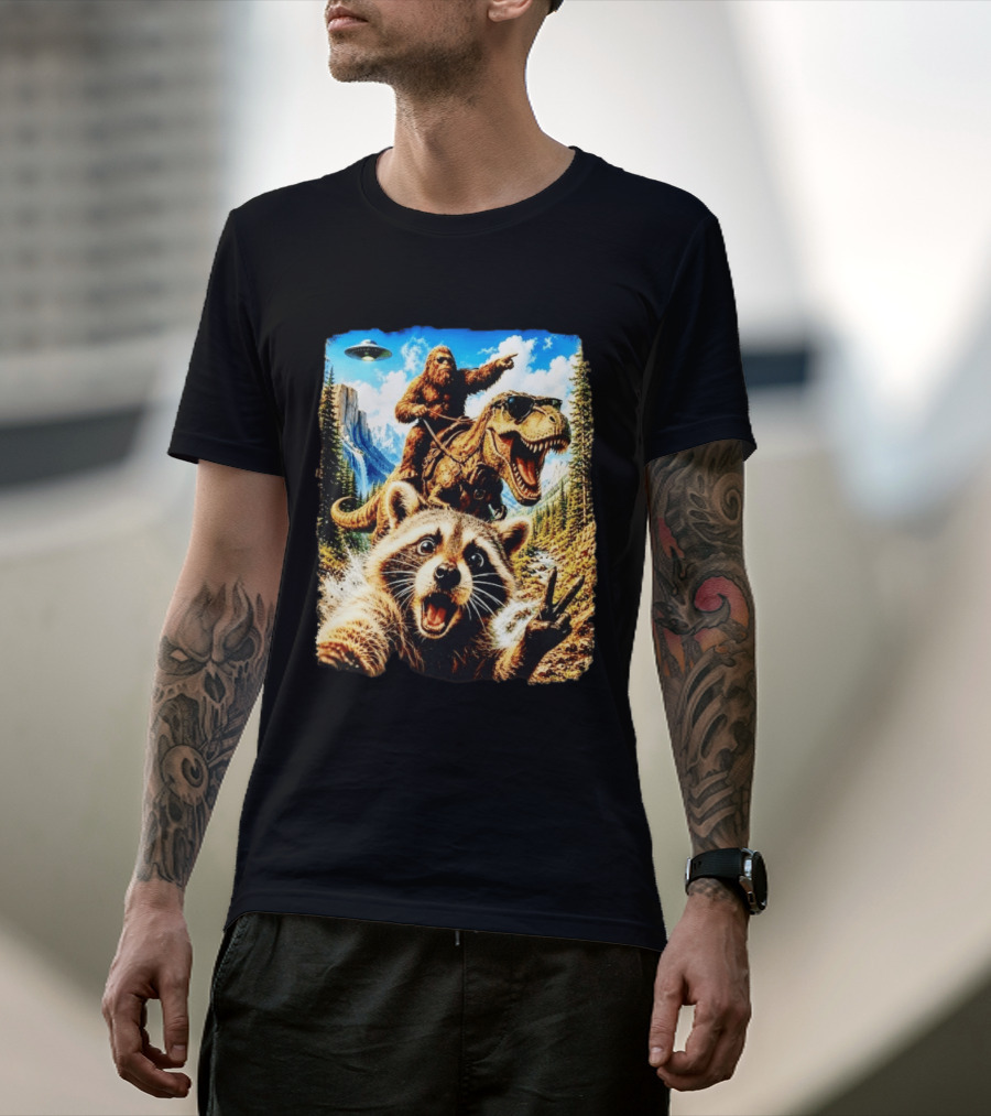 Raccoon Selfie Bigfoot Rex Adventure With UFO And Mountains T-Shirt