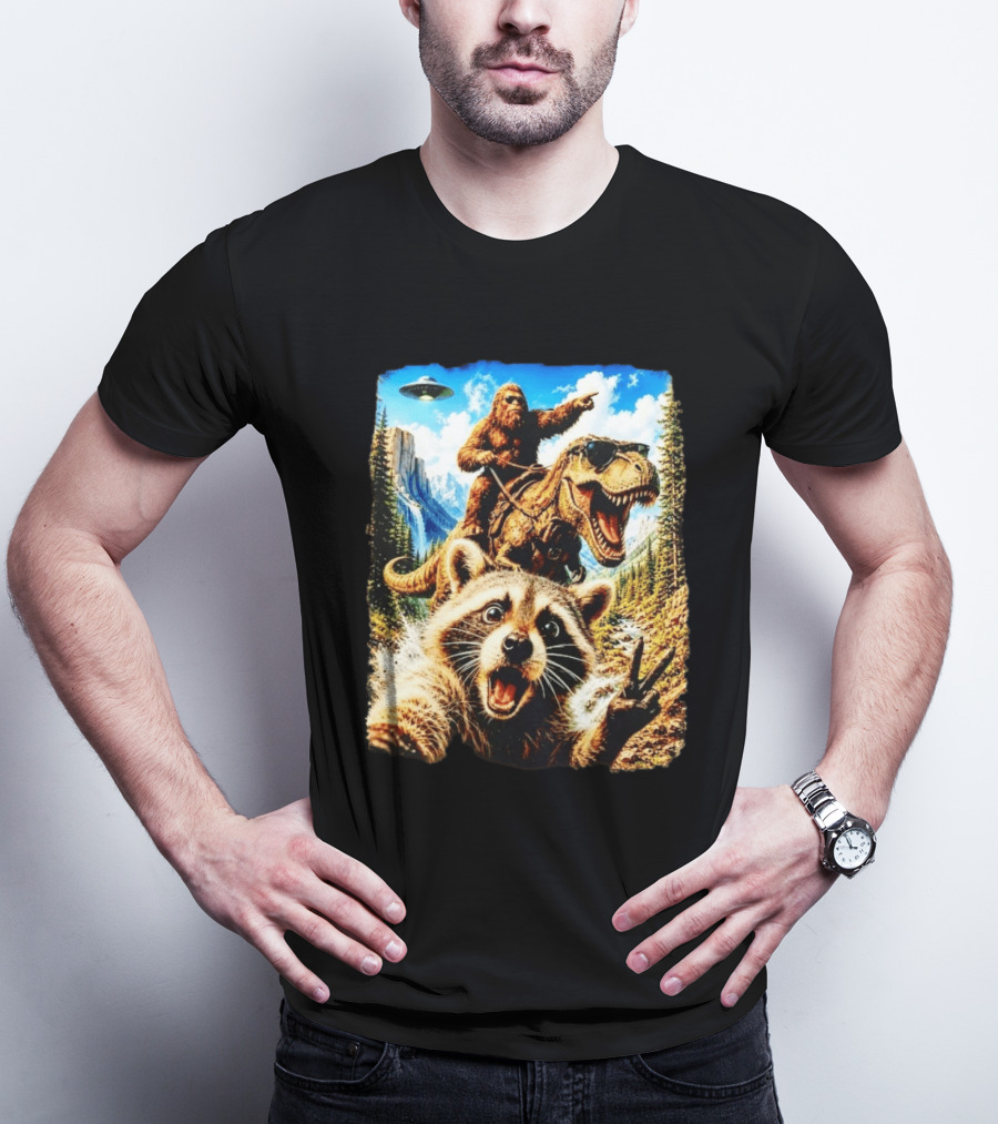Raccoon Selfie Bigfoot Rex Adventure With UFO And Mountains T-Shirt