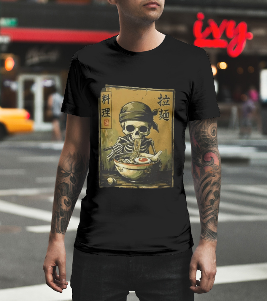 Skeleton Ramen Eating Kanji Cooking Noodles T-Shirt
