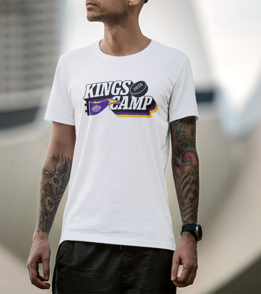 Kings Camp 2026 Hockey Puck Purple Banner T-Shirt