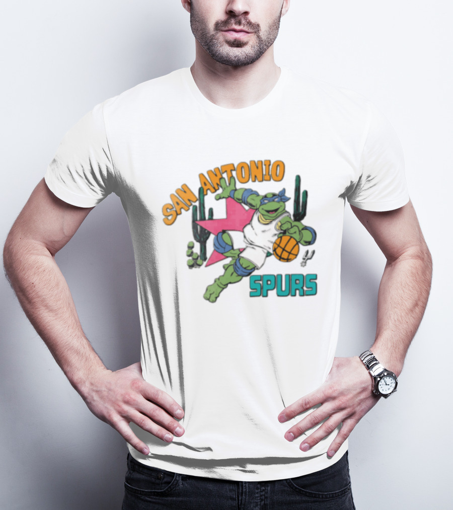 San Antonio Spurs Cartoon Turtle Dribbling Basketball Cacti T-Shirt