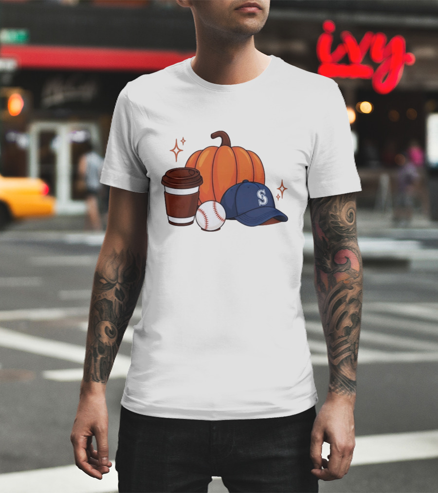 Seattle Mariners Pumpkin Baseball Coffee Season Autumn Vibes T-Shirt