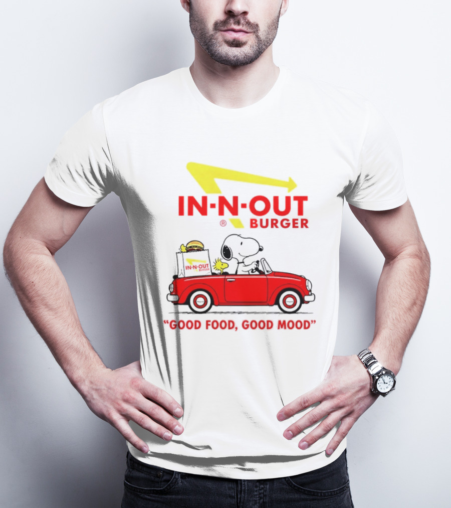 In N Out Burger Snoopy Woodstock Driving Red Convertible Good Food Good Mood T-Shirt