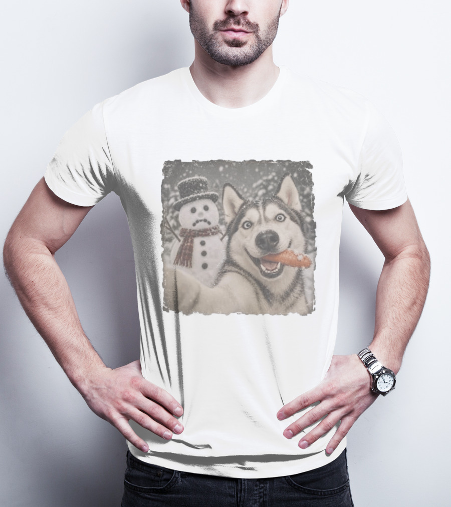 A Sled Dog With A Carrot And A Sad Snowman In A Snowy Winter Scene T-Shirt