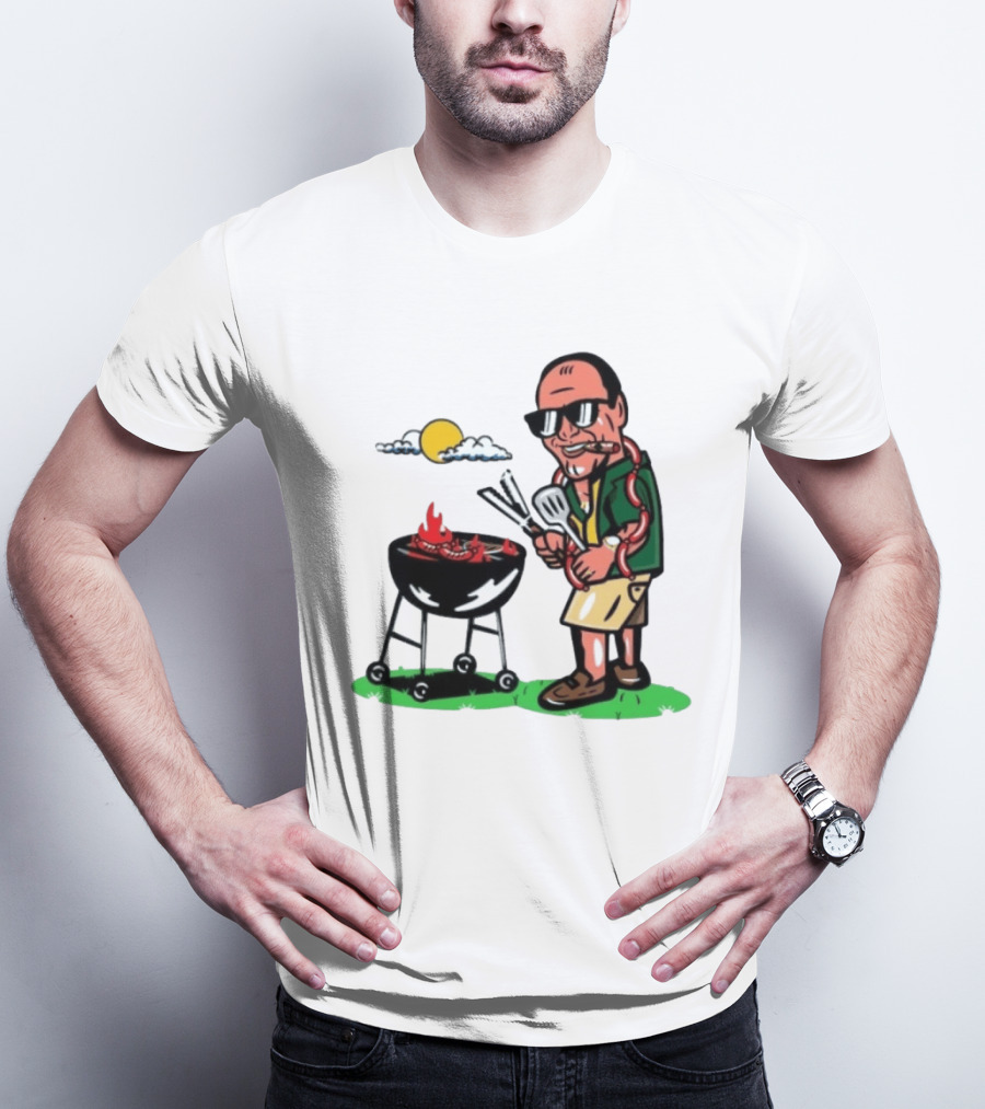 Tony Soprano Grilling Sausages Cartoon Funny BBQ Scene T-Shirt