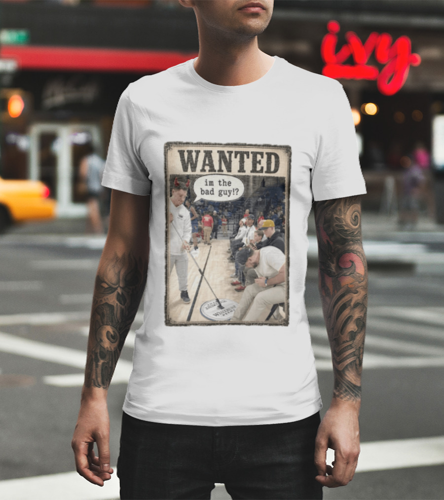 Wanted Im The Bad Guy Wintrust Arena Man Sweeping Floor Devil Horns T-Shirt