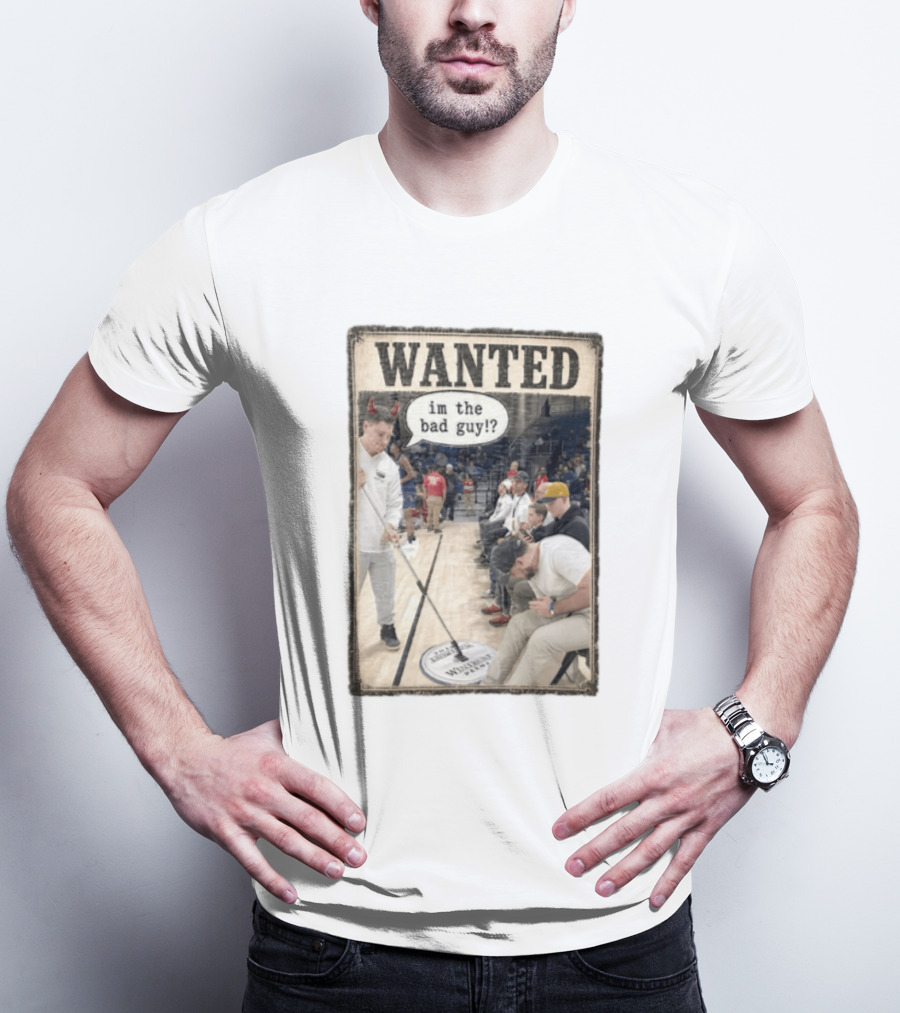 Wanted Im The Bad Guy Wintrust Arena Man Sweeping Floor Devil Horns T-Shirt