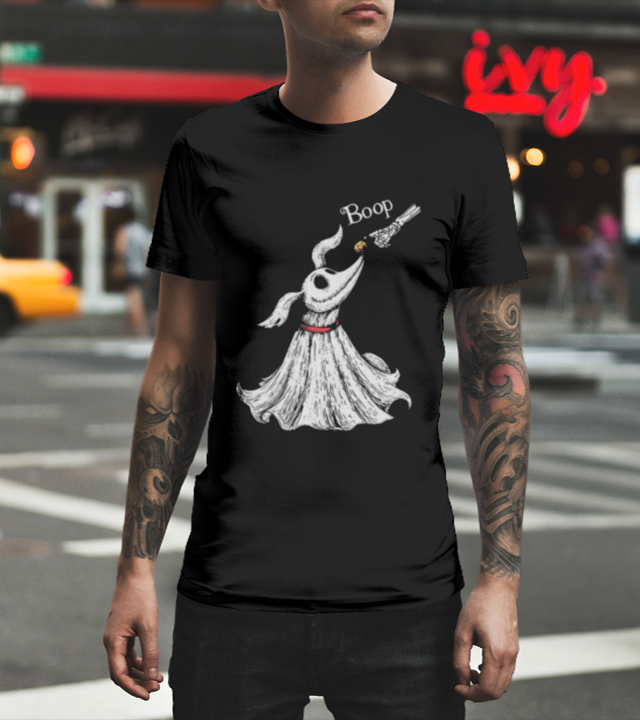 Boop Skeletal Hand Touching Pumpkin Nose With Ghostly Dog Line Sketch T-Shirt