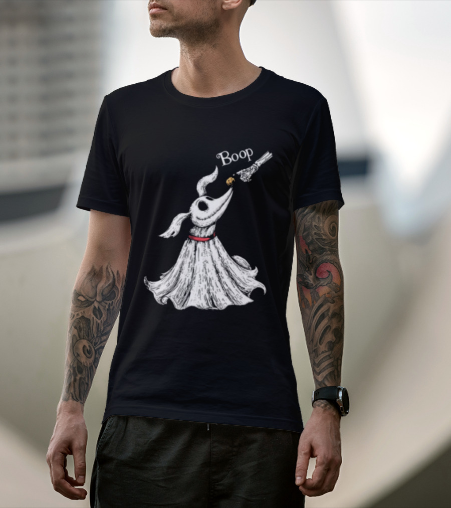 Boop Skeletal Hand Touching Pumpkin Nose With Ghostly Dog Line Sketch T-Shirt