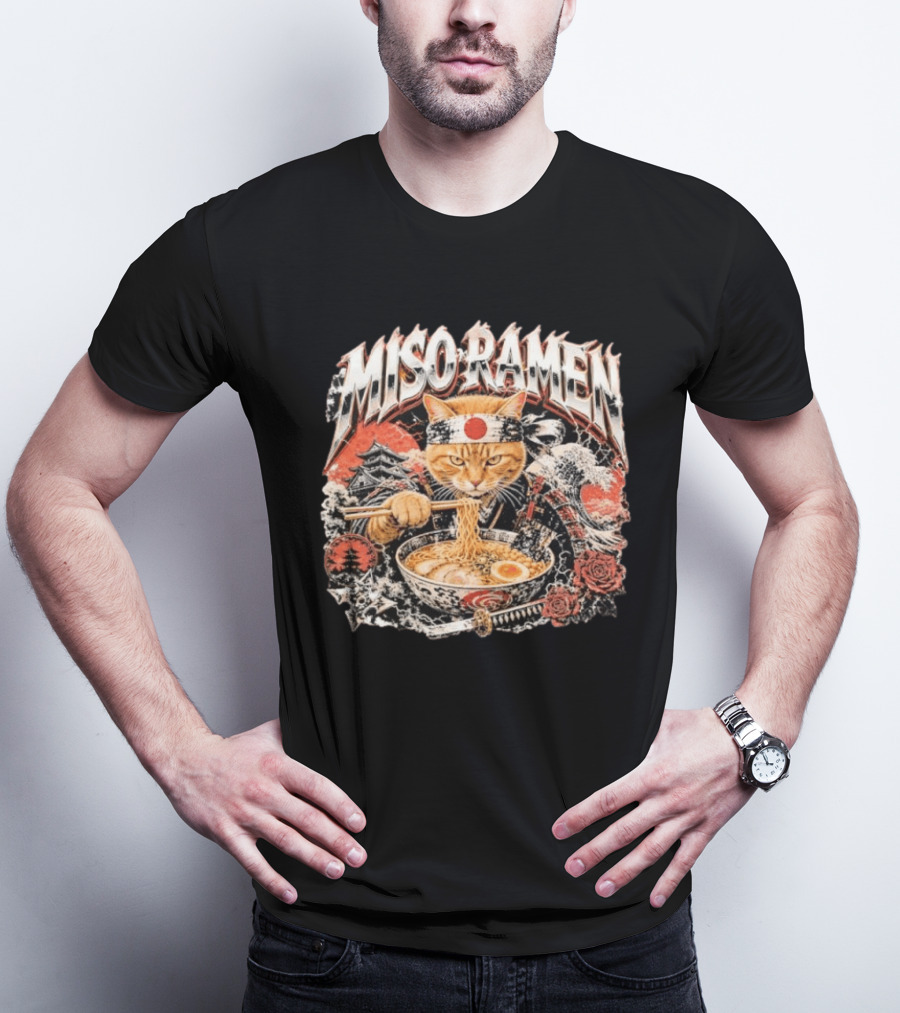 Miso Ramen Samurai Cat Japanese Foodie Bowls Japan Culture T-Shirt