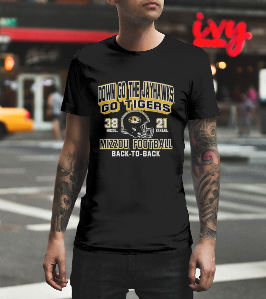 Down Go The Jayhawks Go Tigers Mizzou Football 38 21 Back To Back Victory T-Shirt