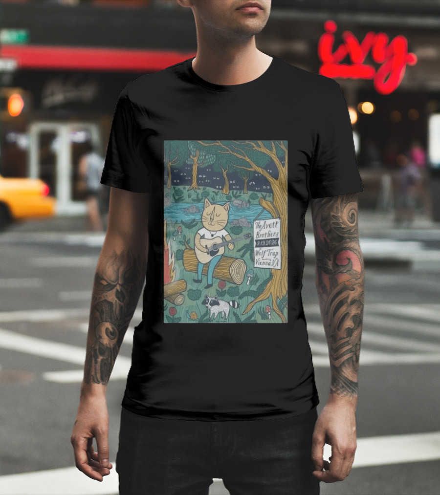 The Avett Brothers Wolf Trap Vienna Virginia 2026 Concert Cat Playing Guitar In Forest Scene T-Shirt