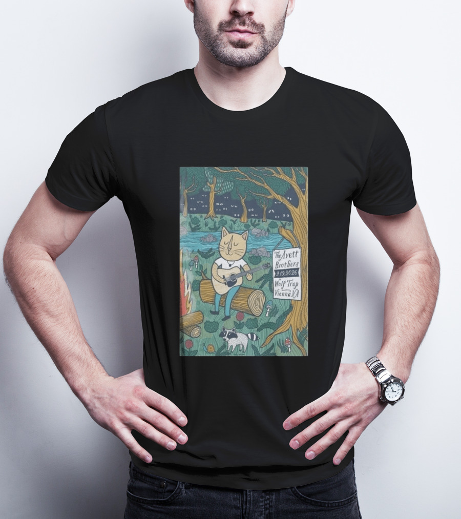The Avett Brothers Wolf Trap Vienna Virginia 2026 Concert Cat Playing Guitar In Forest Scene T-Shirt