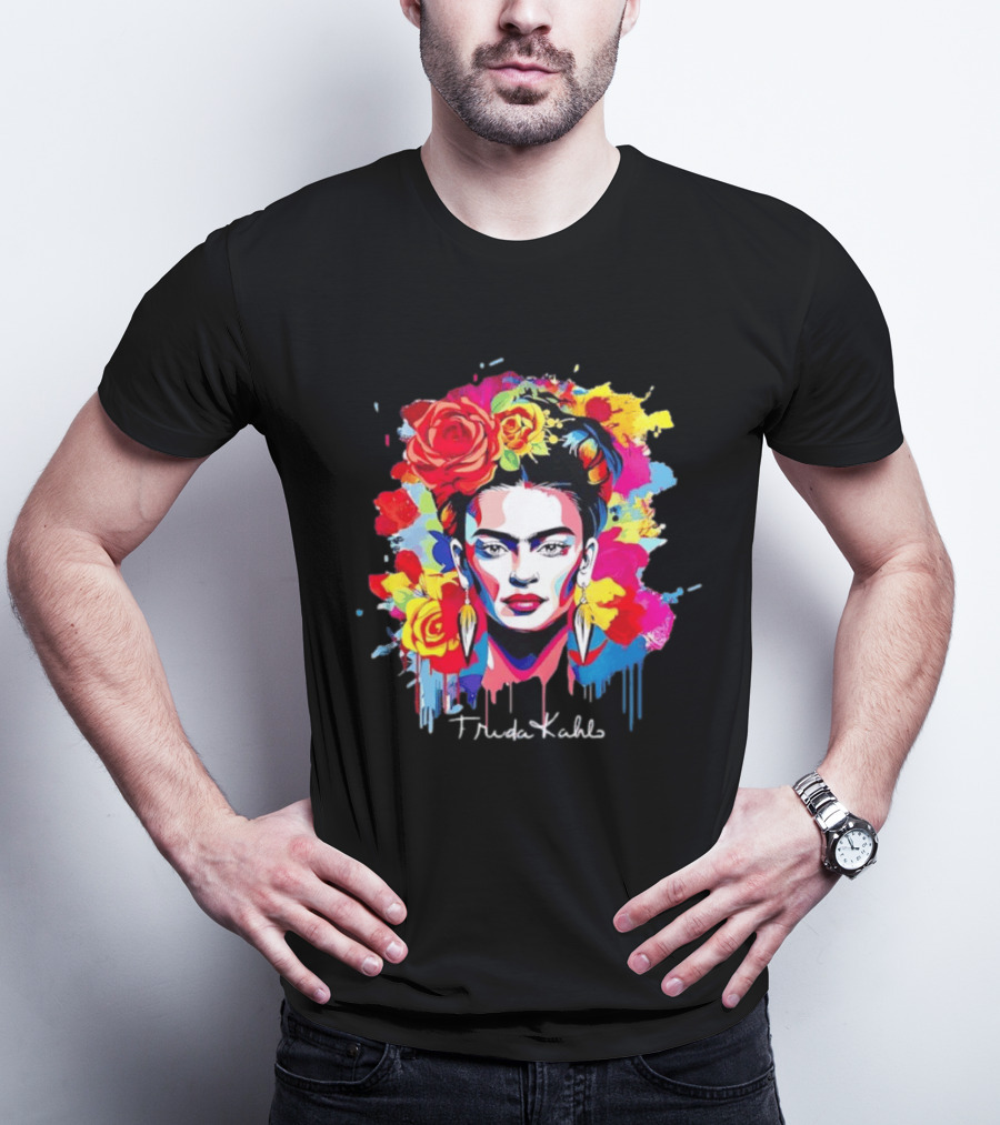 Frida Kahlo Colorful Floral Mexican Artist Vibrant Roses And Dripping Paint T-Shirt