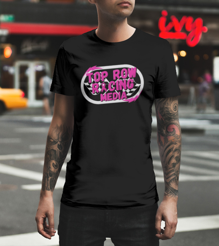 Top Row Racing Media Pink Checkered Flags Ribbon T-Shirt