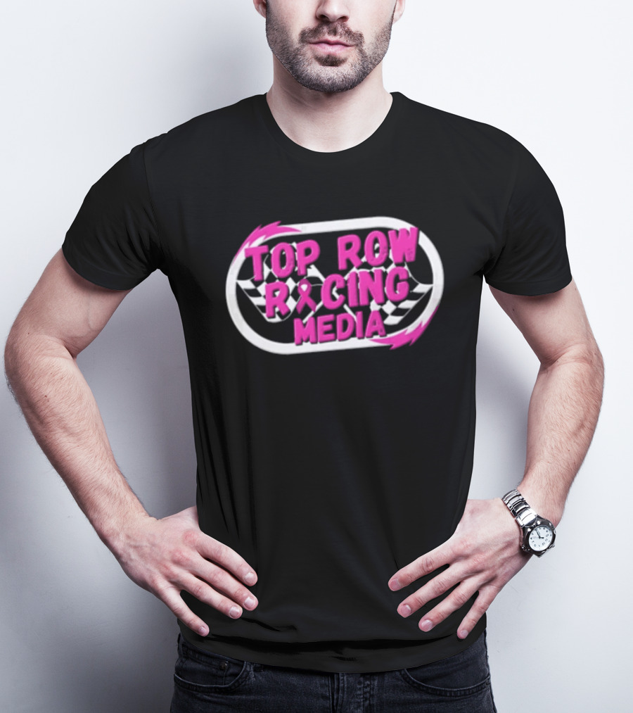 Top Row Racing Media Pink Checkered Flags Ribbon T-Shirt