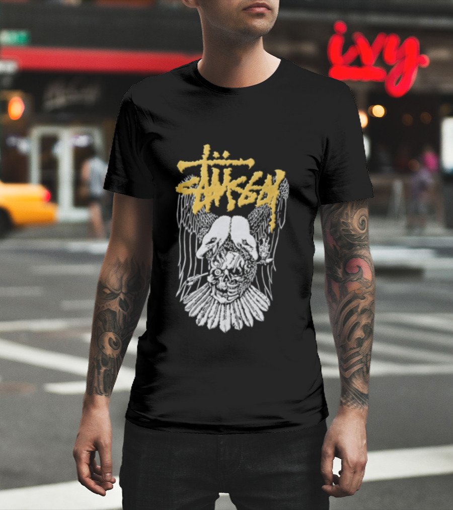 Stussy Two Headed Eagle Skull Yellow Text White Sketch T-Shirt
