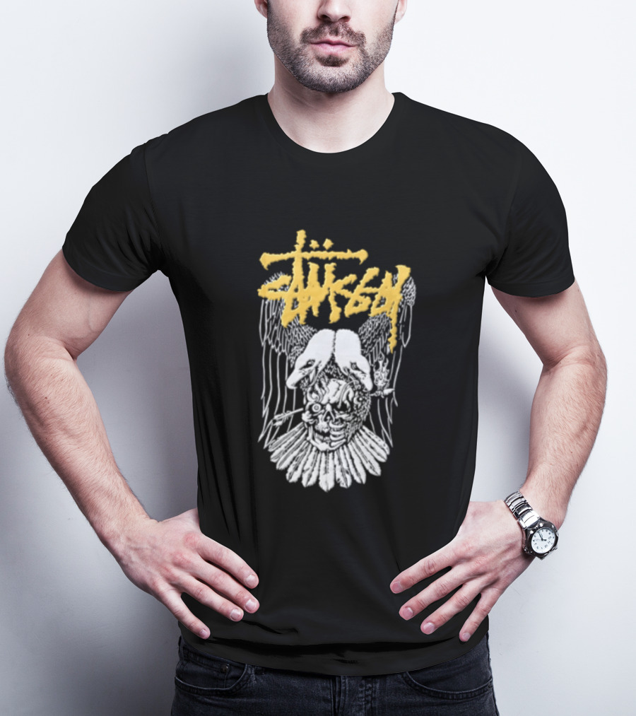 Stussy Two Headed Eagle Skull Yellow Text White Sketch T-Shirt