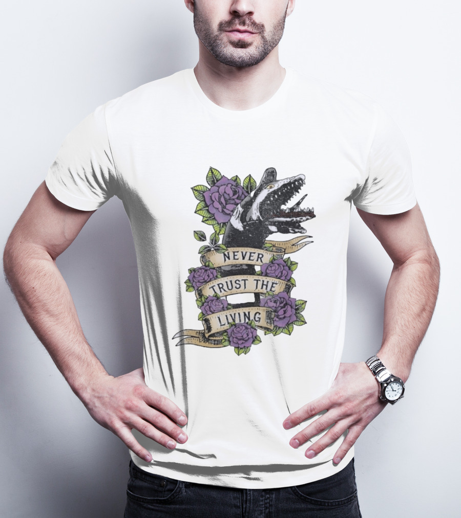 Beetlejuice Never Trust The Living Floral Banner With Sandworm And Purple Roses T-Shirt