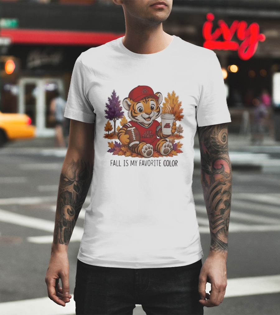 Jax State Tiger Fall Is My Favorite Color Cute Cartoon Tiger Football Autumn Leaves T-Shirt