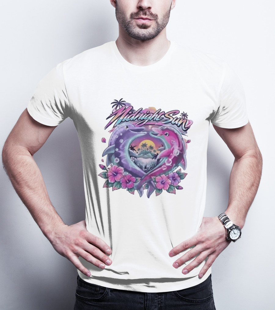 Midnight Sun Heart Dolphins Tropical Sunset T-Shirt