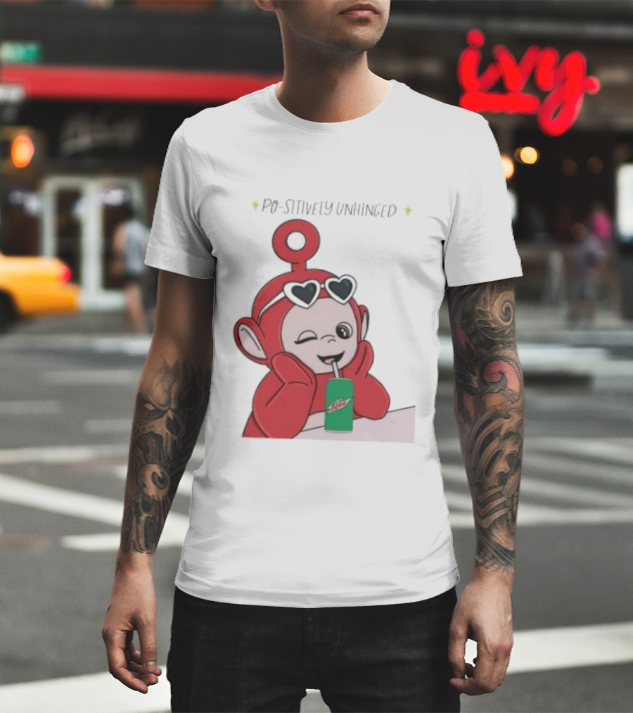 Po Sitively Unhinged Funny Red Teletubby Heart Sunglasses Drinking Mtn Dew T-Shirt