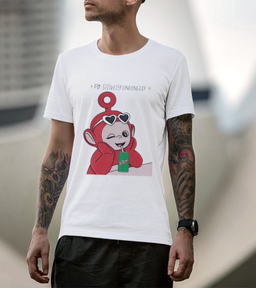 Po Sitively Unhinged Funny Red Teletubby Heart Sunglasses Drinking Mtn Dew T-Shirt