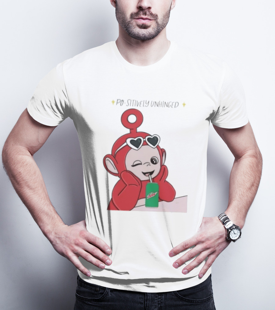 Po Sitively Unhinged Funny Red Teletubby Heart Sunglasses Drinking Mtn Dew T-Shirt