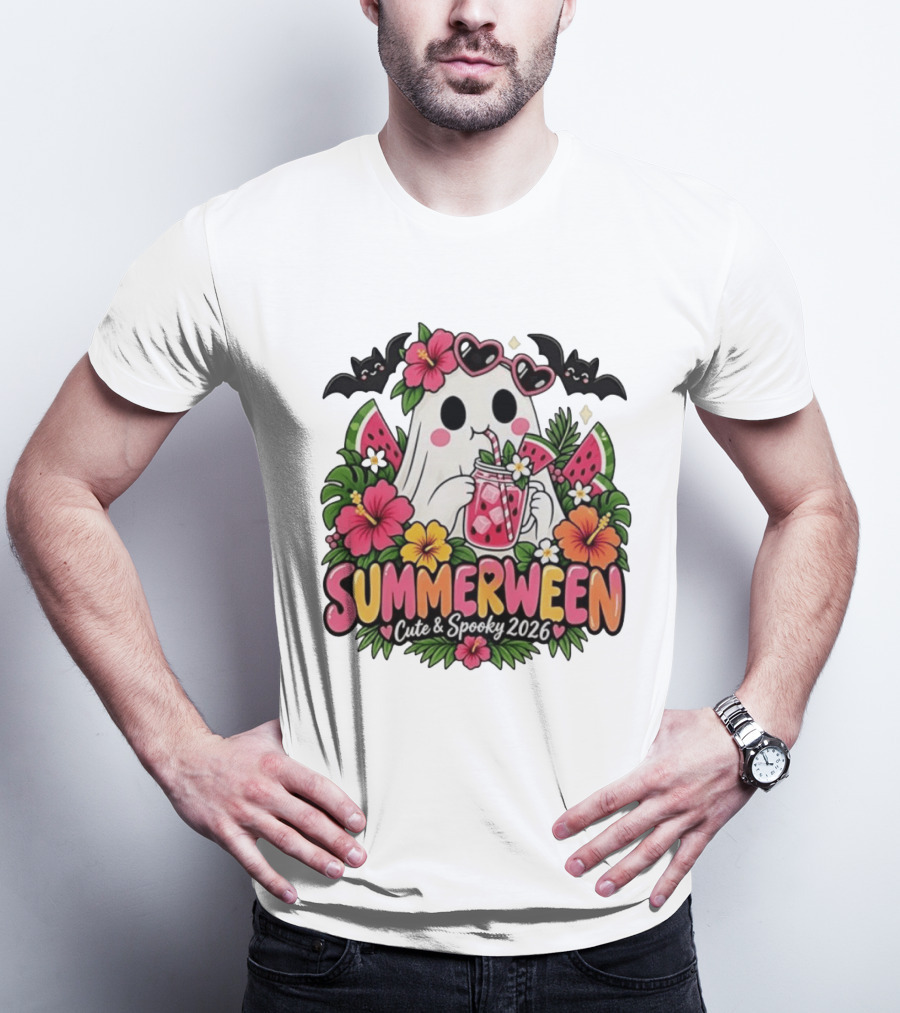 Summerween Cute And Spooky 2026 Ghost With Tropical Flowers And Bats T-Shirt