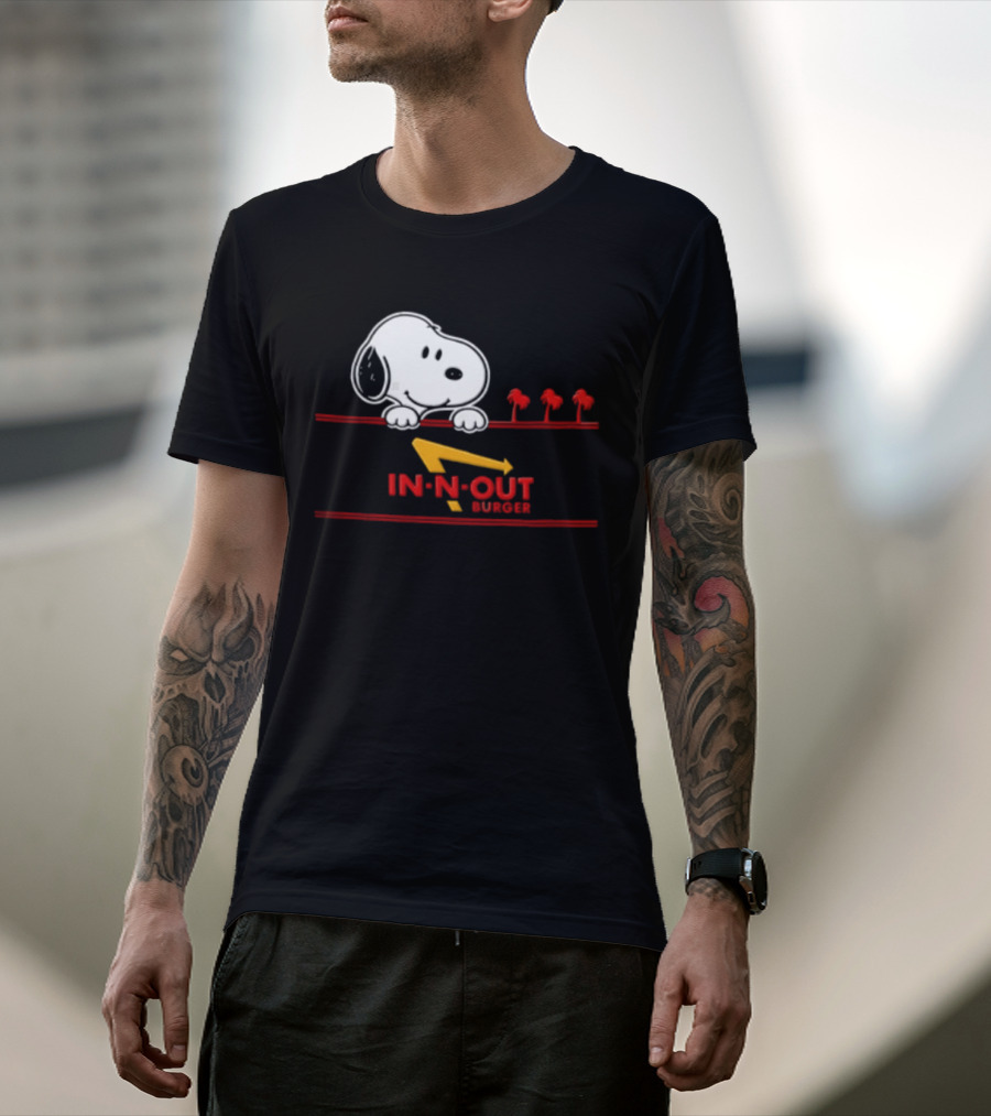 Snoopy Peeking Over In N Out Burger Red Lines With Palm Trees T-Shirt
