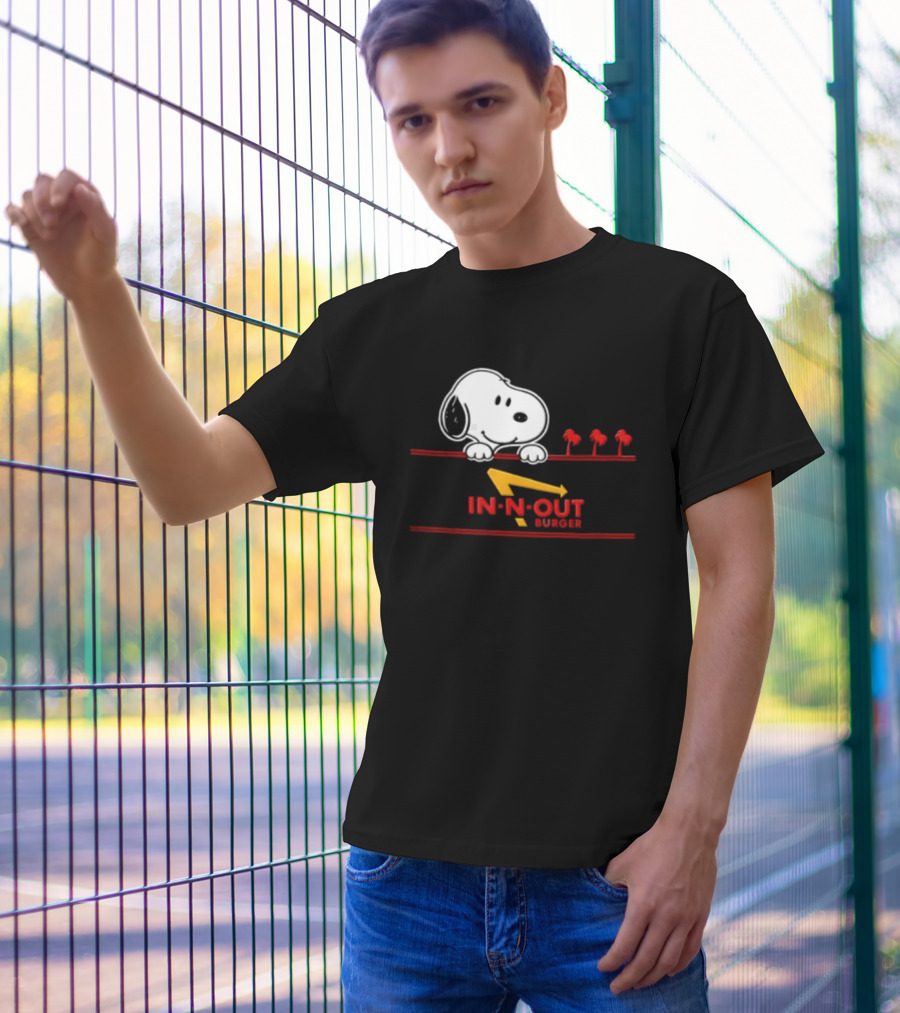 Snoopy Peeking Over In N Out Burger Red Lines With Palm Trees T-Shirt
